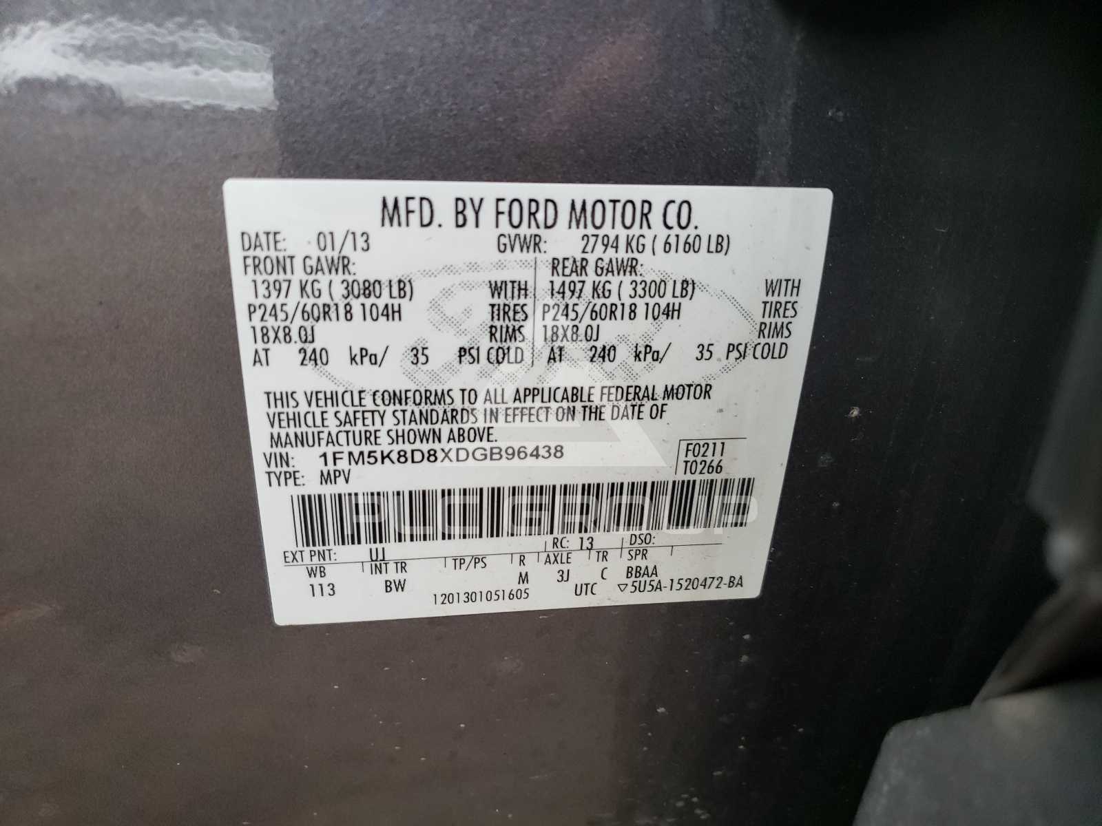 2013 Ford EXPLORER VIN: 1FM5K8D8XDGB96438 from the USA - PLC Group